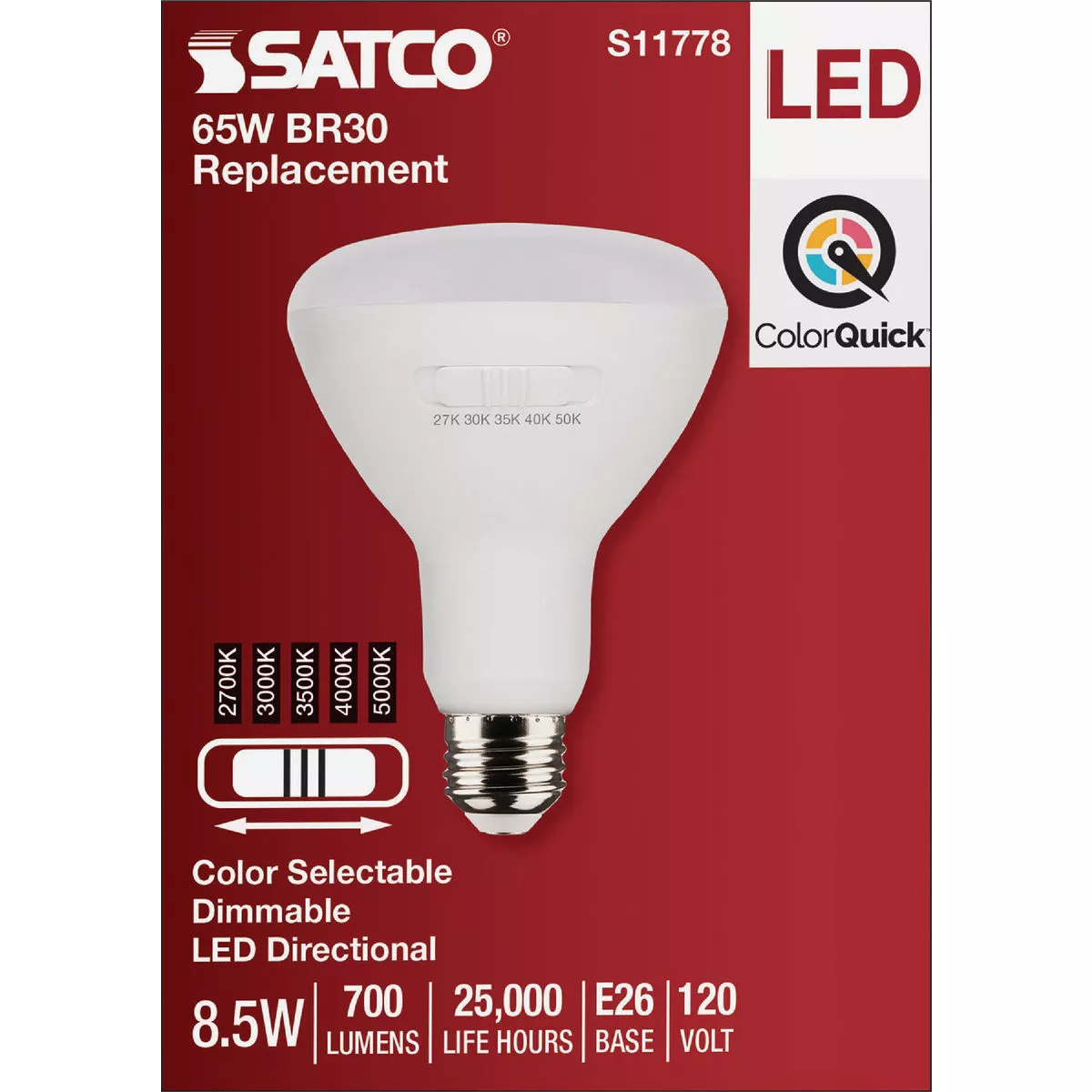 Satco 65W Equivalent 5CCT-Selectable BR30 Medium Dimmable LED ...