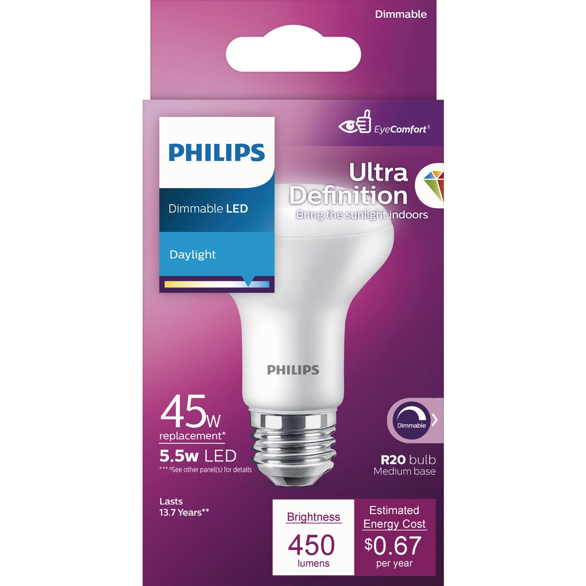 Philips Ultra Definition 45W Equivalent Daylight R20 Medium Dimmable ...