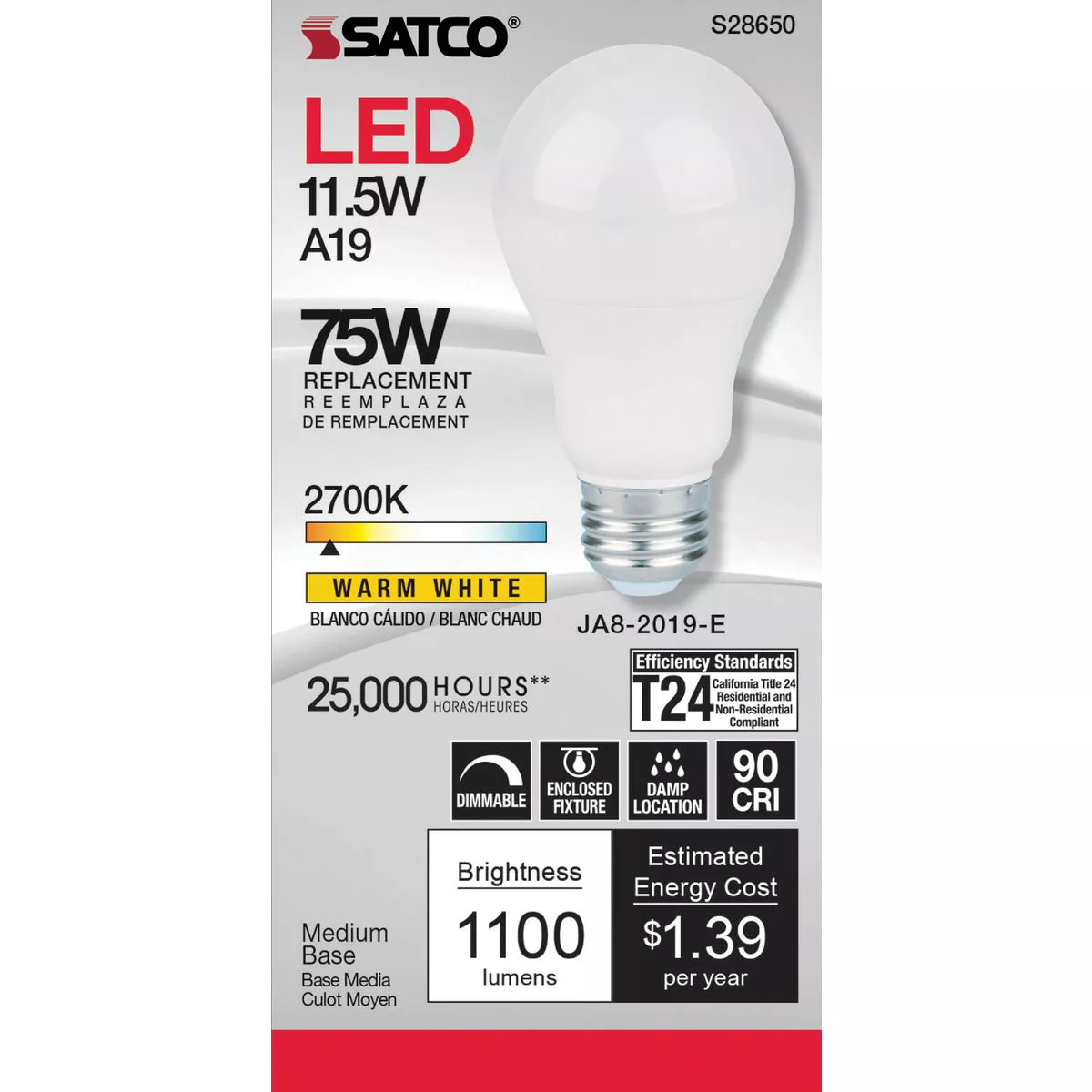 Satco 75W Equivalent Warm White A19 Medium Dimmable LED Light Bulb ...