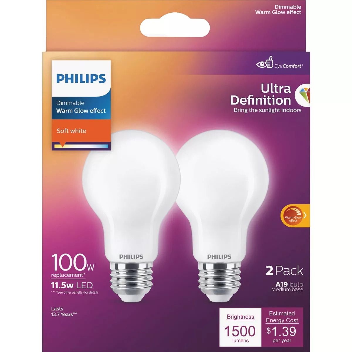 Philips Ultra Definition Warm Glow 100W Equivalent Soft White A19 ...