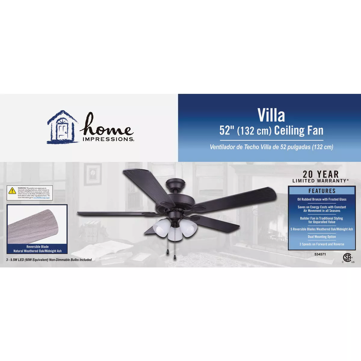 Home Impressions Villa 52 In. Oil Rubbed Bronze Ceiling Fan with Light ...