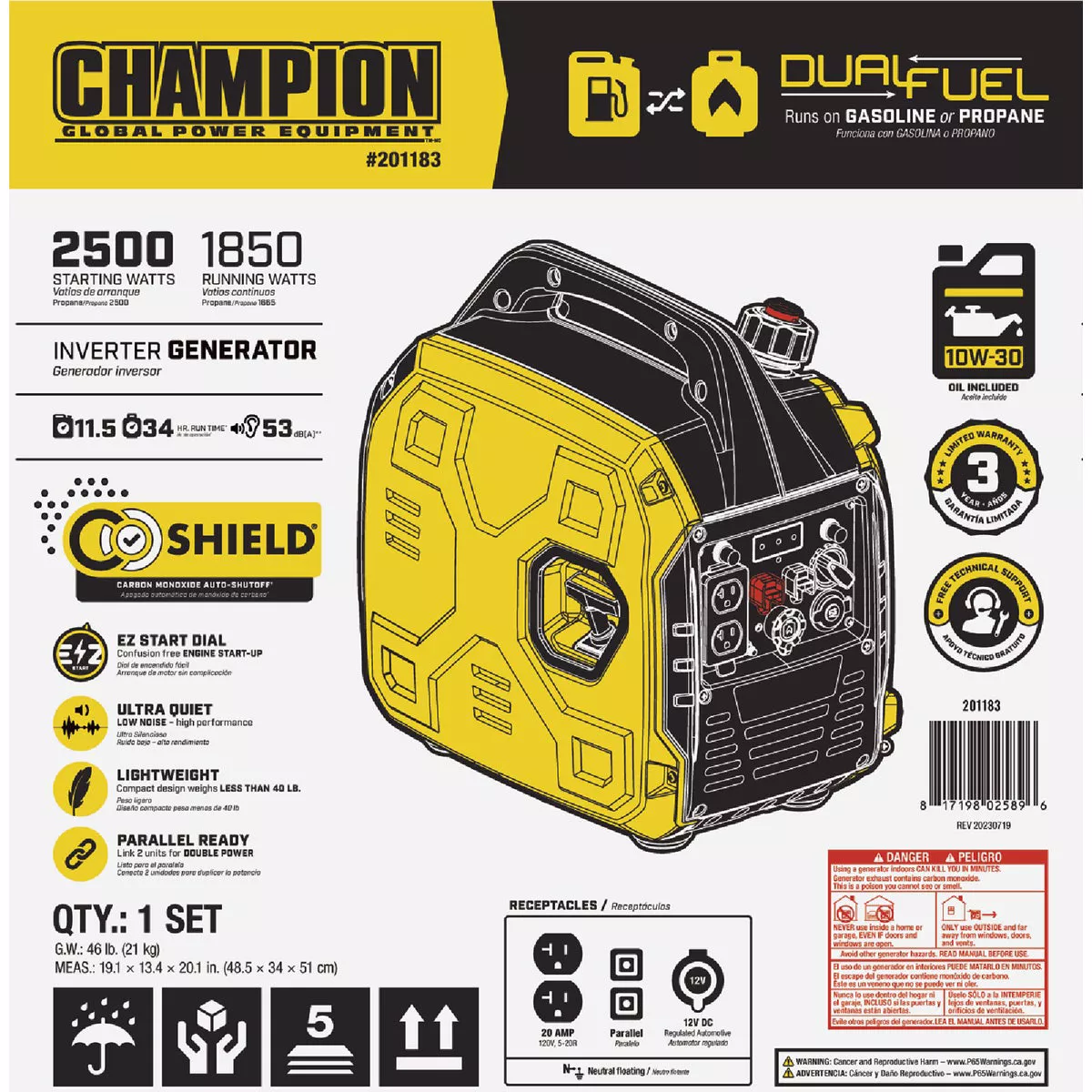 Champion Ultralight 2500W Dual Fuel Recoil Portable Inverter Generator ...
