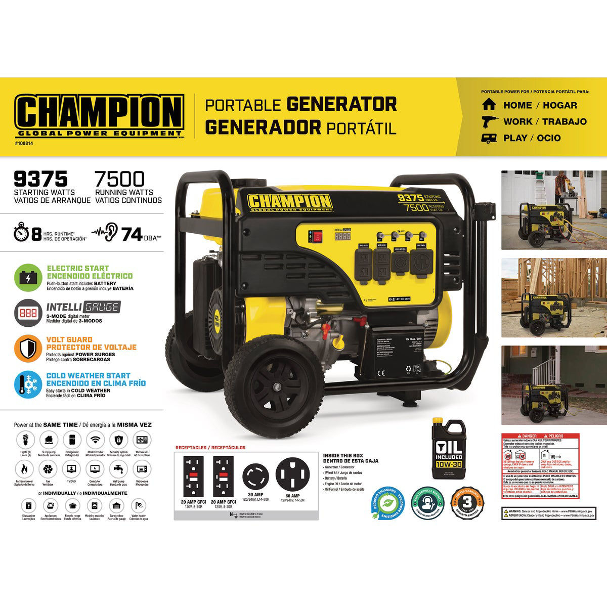 Champion 7500W Gasoline Powered Electric Start Portable Generator ...
