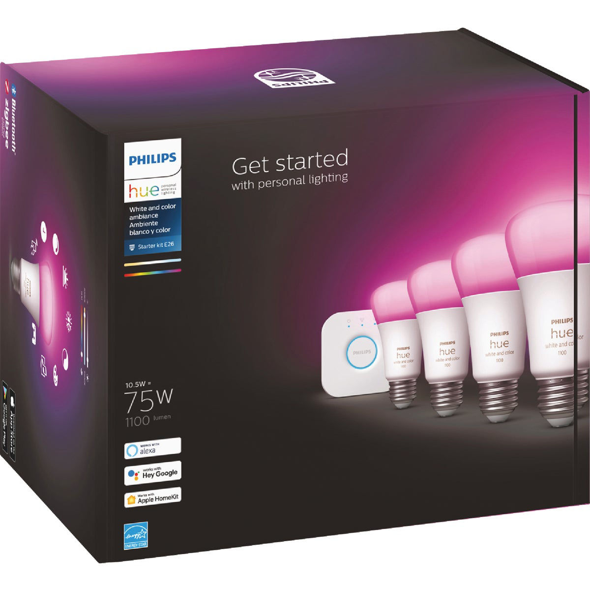Philips Hue 4-Bulb 75W Equivalent Warm White & Color Ambiance A19 ...