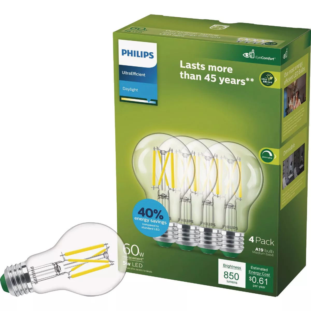 Philips Ultra Efficient 60W Equivalent Daylight Clear A19 LED Bulb (4 ...