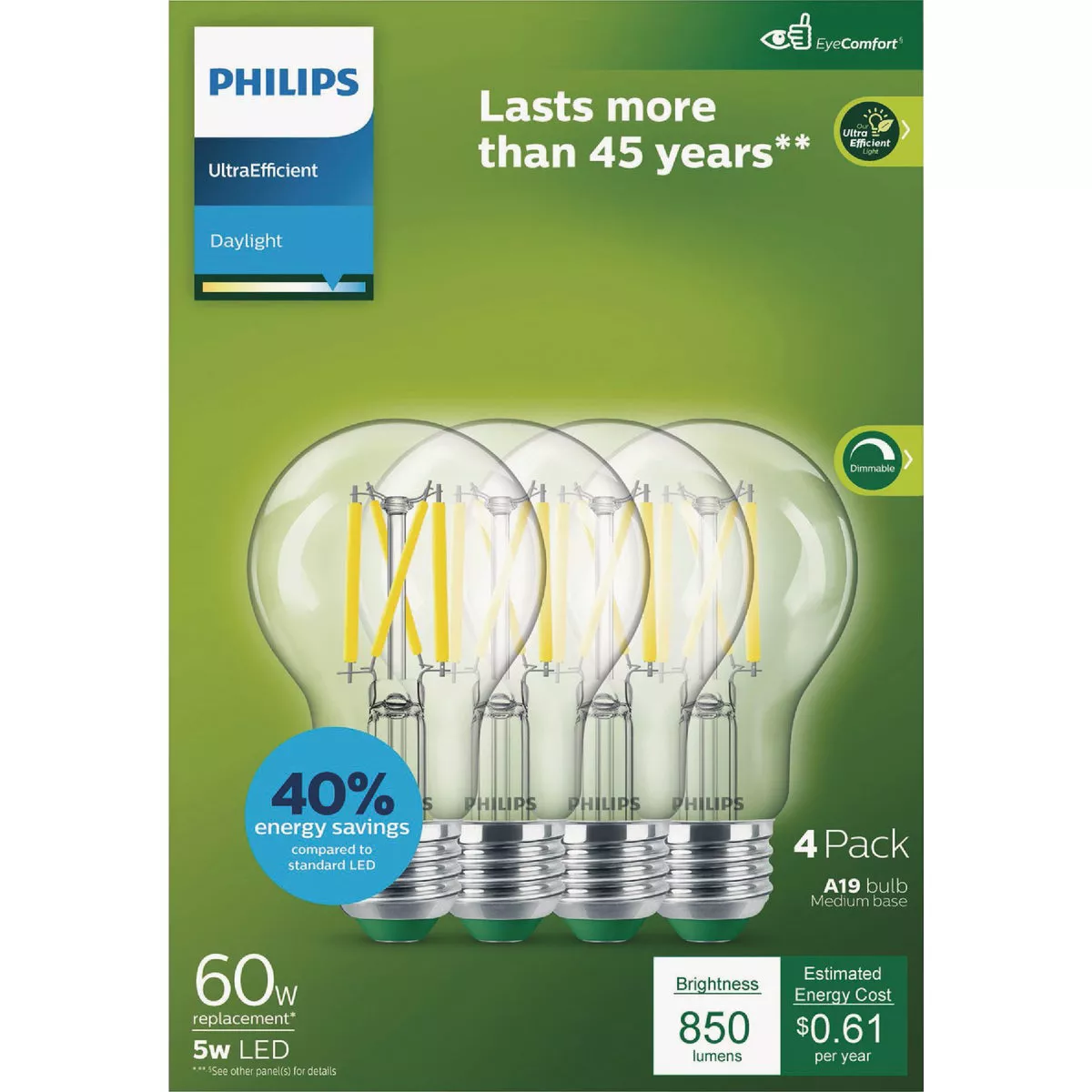 Philips Ultra Efficient 60W Equivalent Daylight Clear A19 LED Bulb (4 ...