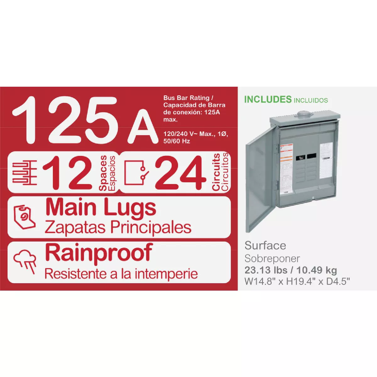 Square D Homeline 125A 12-Space 24-Circuit Raintight Main Lug Plug-on ...