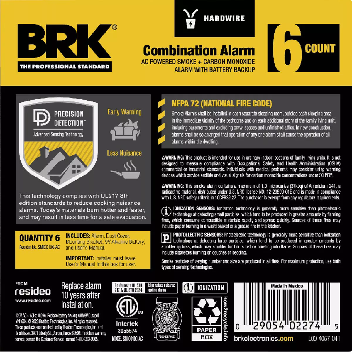 BRK SMICO100-AC 2-in-1 Interconnect Hardwire Ionization Smoke & Carbon Monoxide Alarm (6-Pack ...