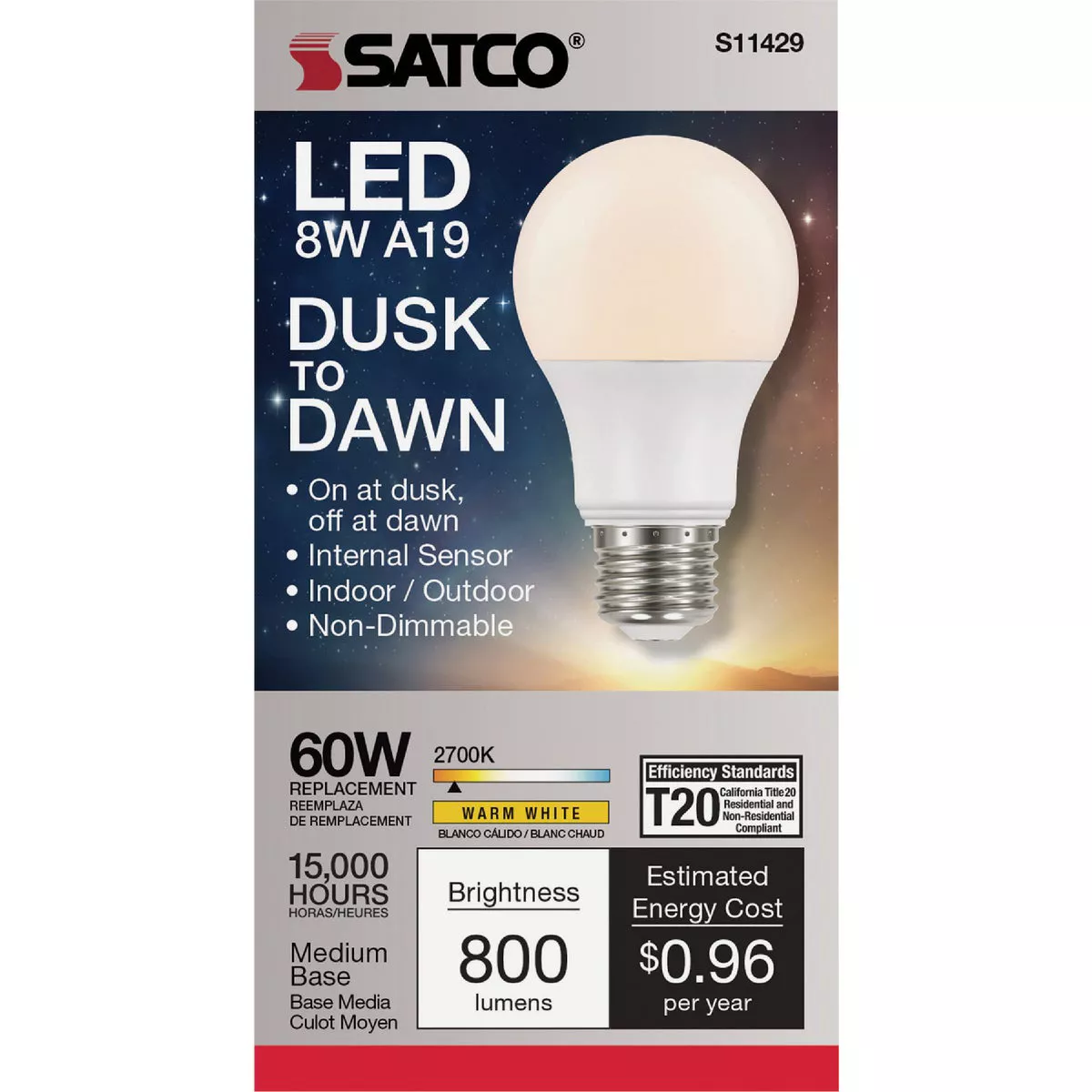 Satco Nuvo 60W Equivalent Warm White A19 Medium Dusk To Dawn LED Light ...