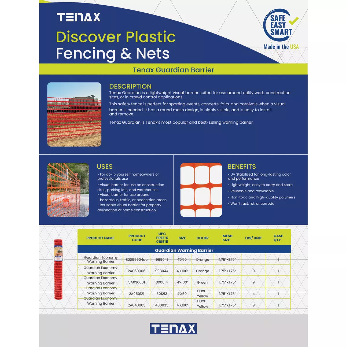 Tenax Guardian 4 Ft. H. x 50 Ft. L. Polyethylene Safety Fence, Orange ...