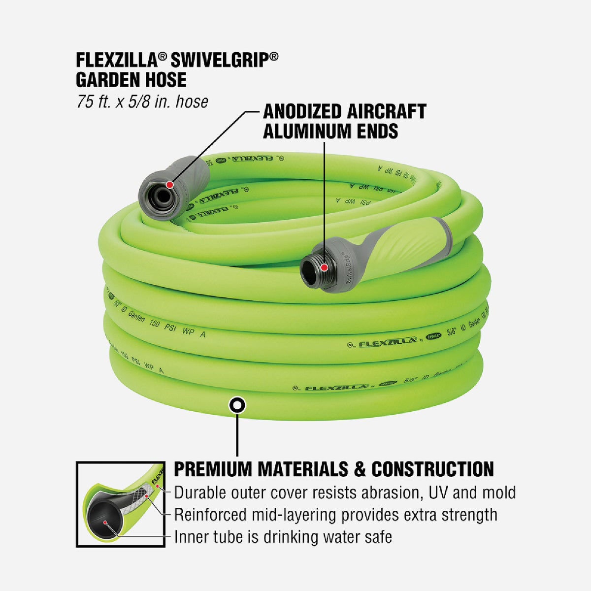 Flexzilla 5/8 In. Dia. x 75 Ft. L. Drinking Water Safe Garden Hose with ...