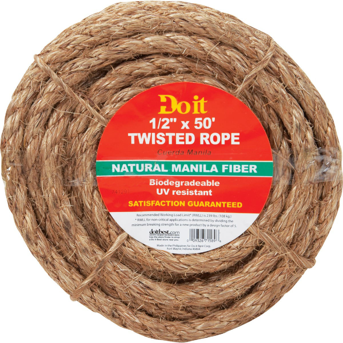 Do it Best 1/2 In. x 50 Ft. Natural Twisted Manila Fiber Packaged Rope ...