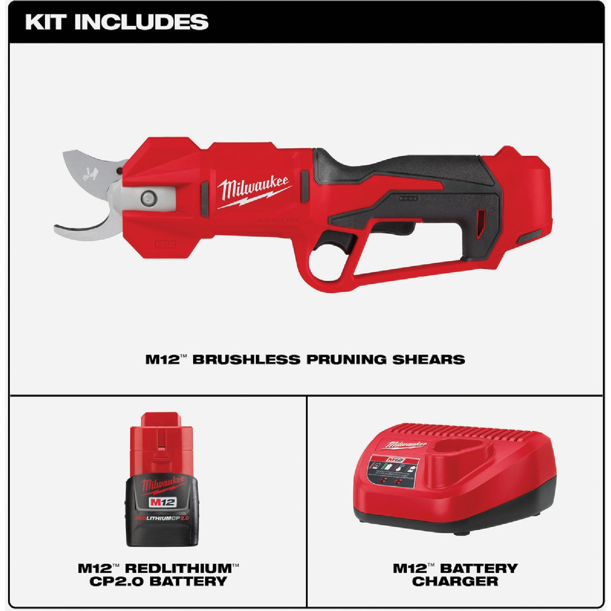 Milwaukee M12 Brushless Cordless Pruning Shears Kit with 2.0 Ah Battery ...