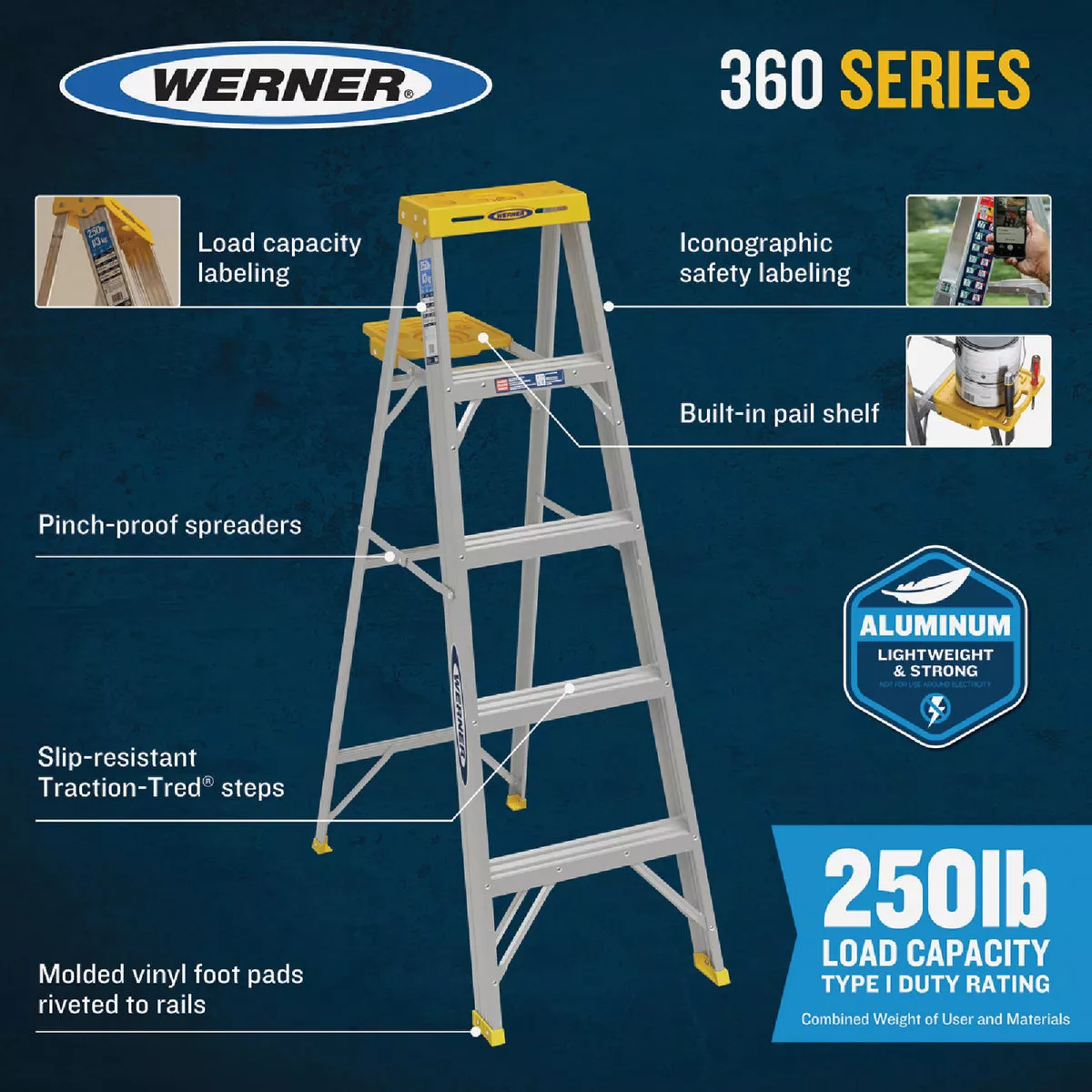 Werner 6 Ft. Aluminum Step Ladder with 250 Lb. Load Capacity Type I ...
