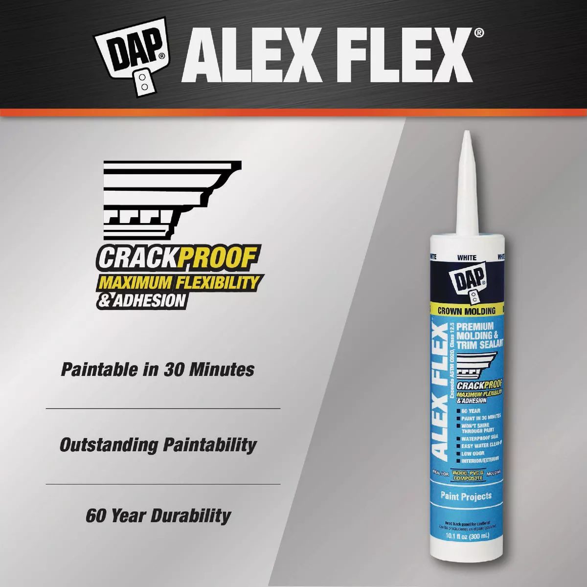 Dap Alex Flex 5.5 Oz. Premium Molding & Trim Acrylic Latex Siliconized ...