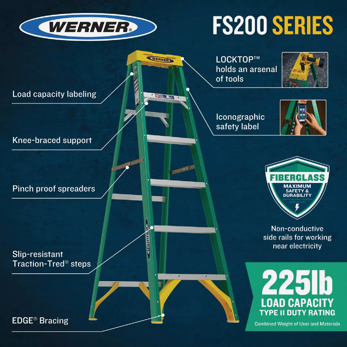 Werner 6 Ft. Fiberglass Step Ladder with 225 Lb. Load Capacity Type II ...
