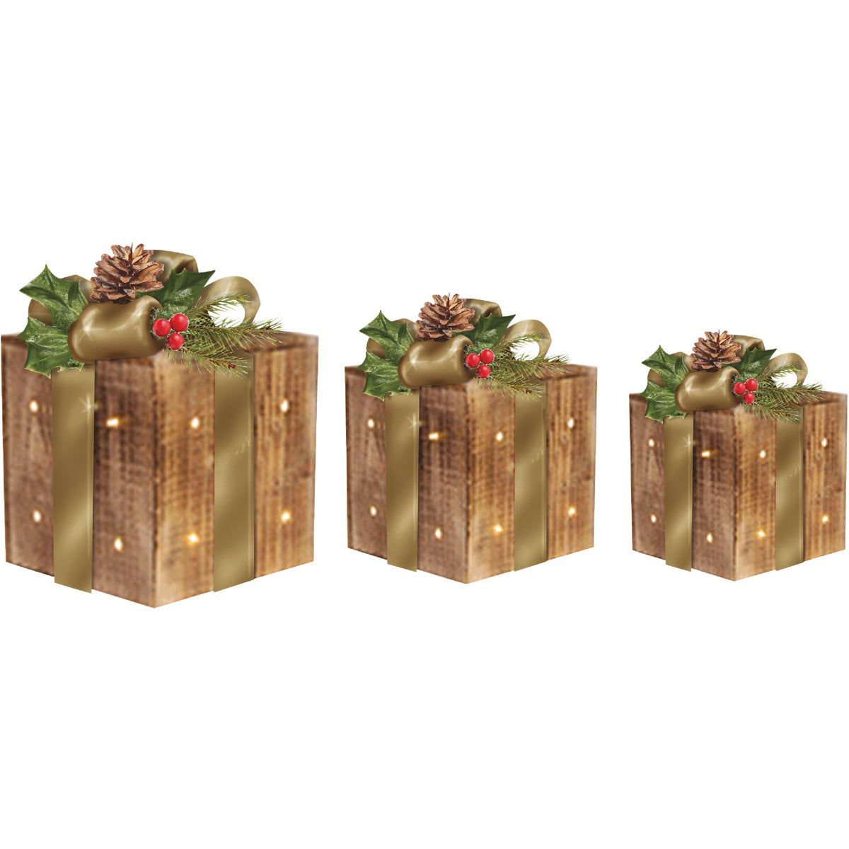 Alpine Warm White LED Rustic Wood with Gold Ribbon Christmas Gift Box ...