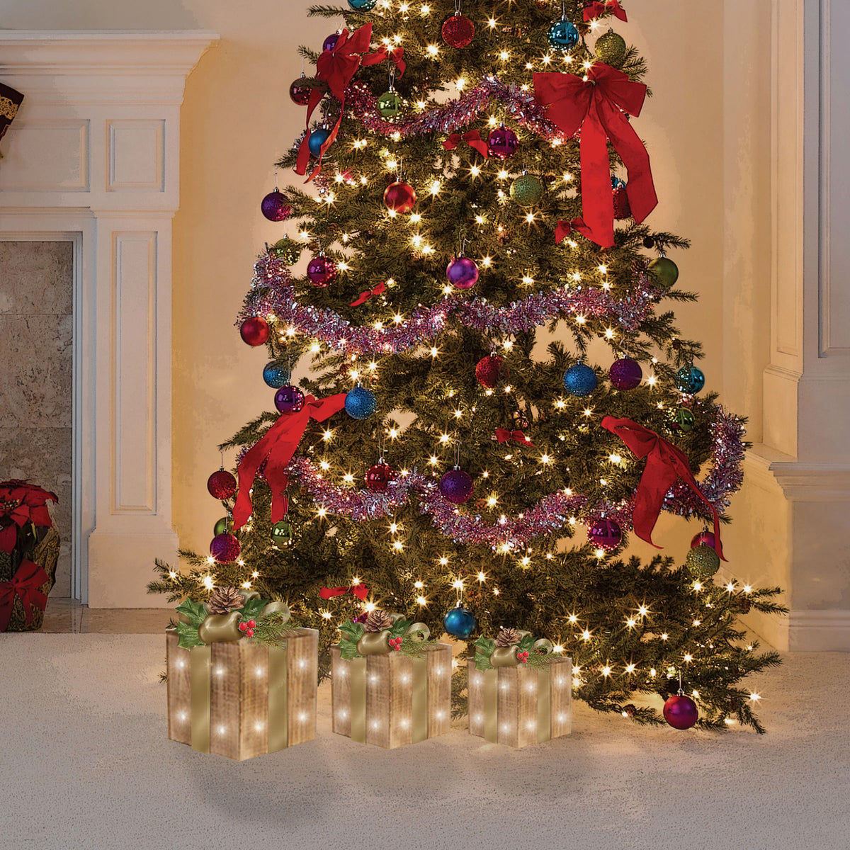 Alpine Warm White LED Rustic Wood with Gold Ribbon Christmas Gift Box ...