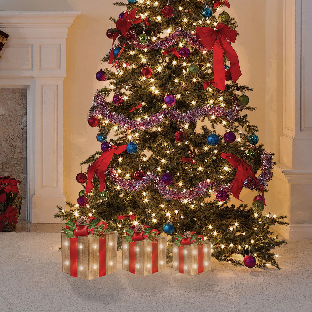 Alpine Warm White LED Rustic Wood with Red Ribbon Christmas Gift Box Set (3-Piece) | Do it Best